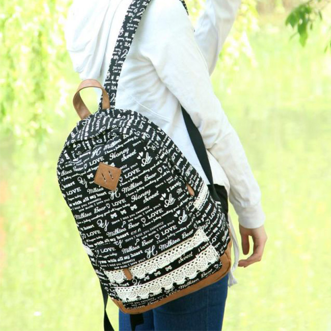 Sexy Letters Pig Nose Lace Canvas Backpack - Black [grhmf22000113] on ...