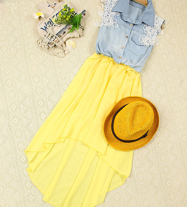 [grhmf260002066]bohemia Style Lace Denim Spliced Chiffon High-low ...
